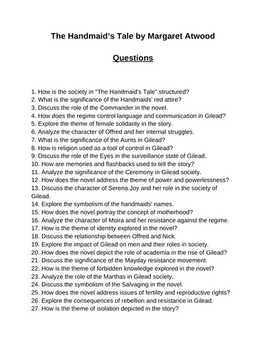 The Handmaid’s Tale. 40 Reading Comprehension Questions (Editable ...