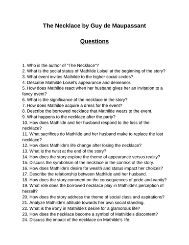The Necklace. 40 Reading Comprehension Questions (Editable) | Teaching ...