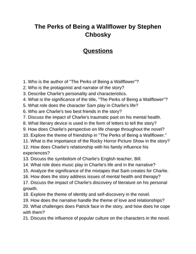 The Perks of Being a Wallflower. 40 Reading Comprehension Questions ...