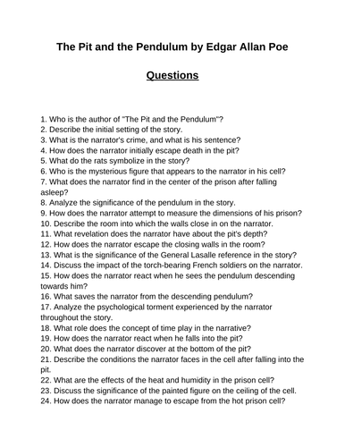 The Pit and the Pendulum. 40 Reading Comprehension Questions (Editable ...