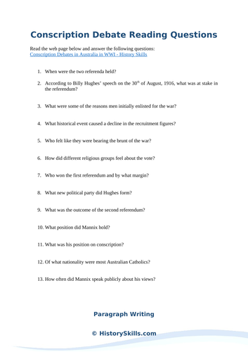 WWI Australian Conscription Debate Reading Questions | Teaching Resources