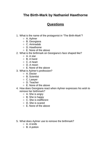 The Birth-Mark. 30 multiple-choice questions (Editable) | Teaching ...