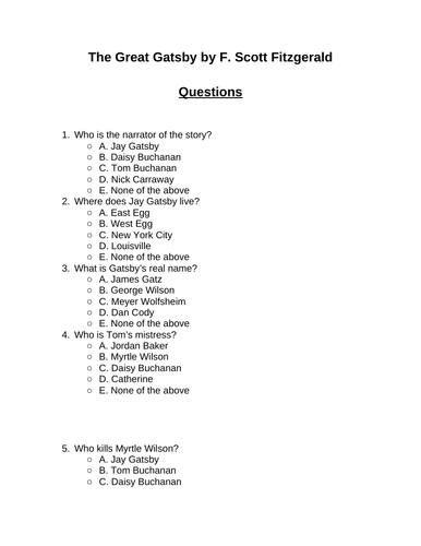 The Great Gatsby. 30 multiple-choice questions (Editable) | Teaching ...