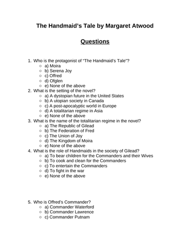 The Handmaid’s Tale. 30 multiple-choice questions (Editable) | Teaching ...
