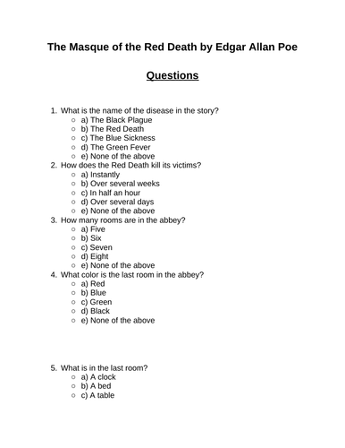 The Masque of the Red Death. 30 multiple-choice questions (Editable ...