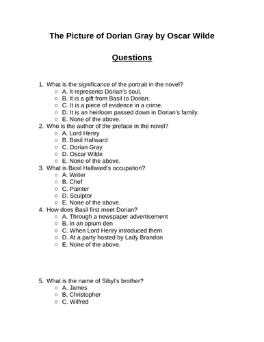 The Picture of Dorian Gray. 30 multiple-choice questions (Editable ...