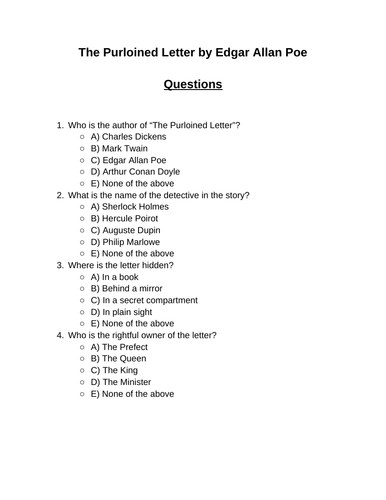 The Purloined Letter by Edgar Allan Poe. 30 multiple-choice questions ...