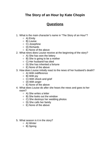 The Story of an Hour. 30 multiple-choice questions (Editable ...