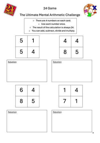 24 Mental Arithmetic Game Printable Worksheets Teaching Resources