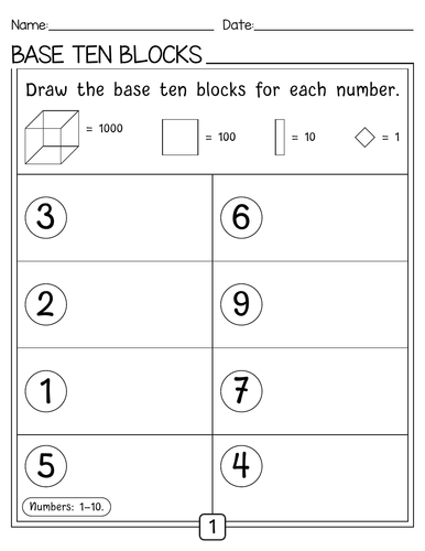 Drawing base ten blocks to represent the numbers worksheets | Teaching ...