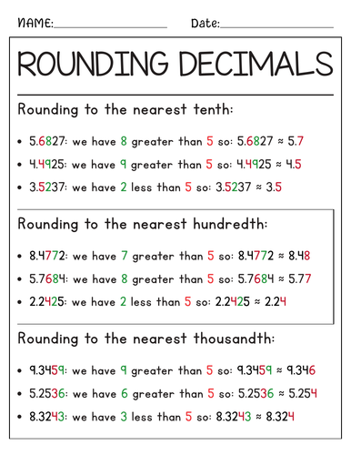 Rounding decimals to the nearest Tenths, Hundredths And Thousandths ...