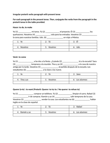 Irregular preterit verbs paragraph with present tense | Teaching Resources
