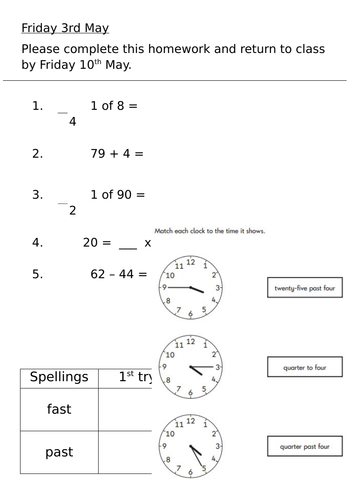 Y2 Homework | Teaching Resources