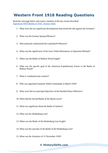 Western Front 1918 Reading Questions Worksheet | Teaching Resources