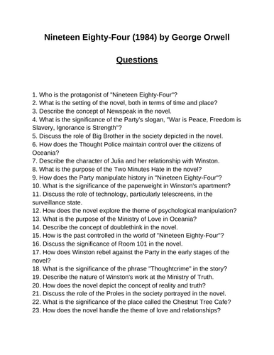 Nineteen Eighty-Four (1984). 40 Reading Comprehension Questions ...