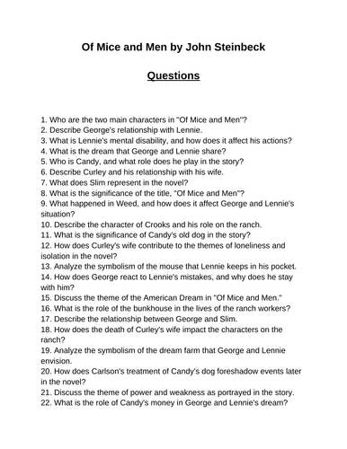 Of Mice and Men by John Steinbeck. 40 Reading Comprehension Questions ...