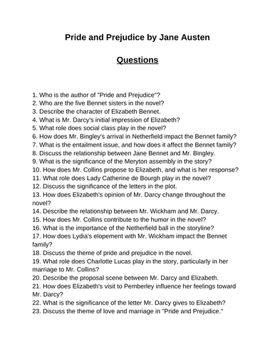 Pride and Prejudice. 40 Reading Comprehension Questions (Editable ...