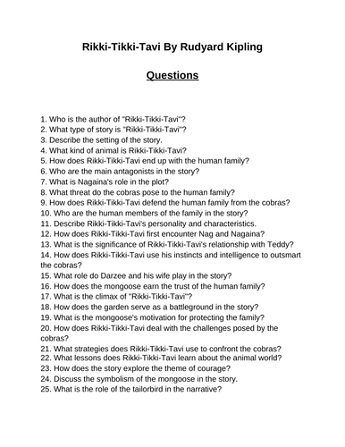 Rikki-Tikki-Tavi. 40 Reading Comprehension Questions (Editable ...