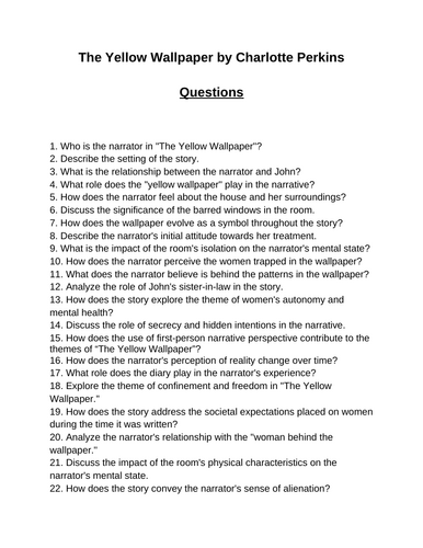 The Yellow Wallpaper. 40 Reading Comprehension Questions (Editable ...