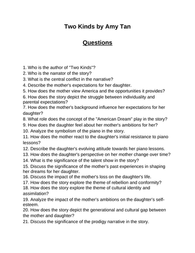 Two Kinds by Amy Tan. 40 Reading Comprehension Questions (Editable ...