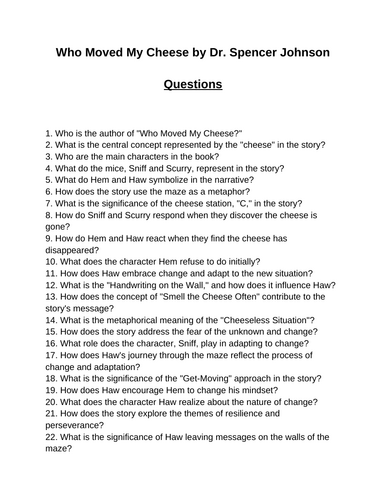 Who Moved My Cheese. 40 Reading Comprehension Questions (Editable ...