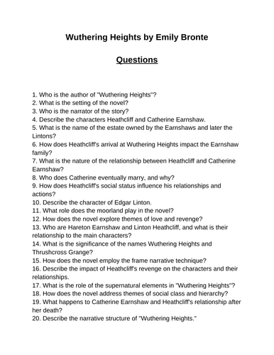 Wuthering Heights. 40 Reading Comprehension Questions (Editable ...