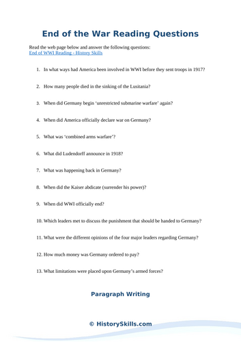 How WWI Ended Reading Questions Worksheet | Teaching Resources
