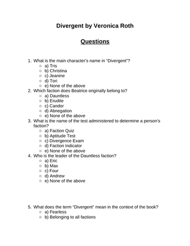 Divergent. 30 multiple-choice questions (Editable) | Teaching Resources
