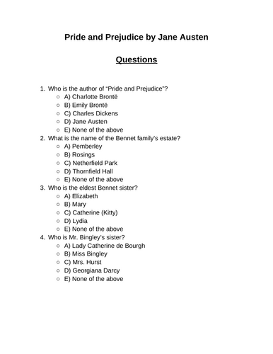 Pride and Prejudice. 30 multiple-choice questions (Editable) | Teaching ...