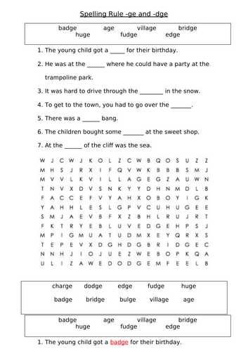 Year 2 Spelling Rule -ge and -dge Activity Worksheet | Teaching Resources