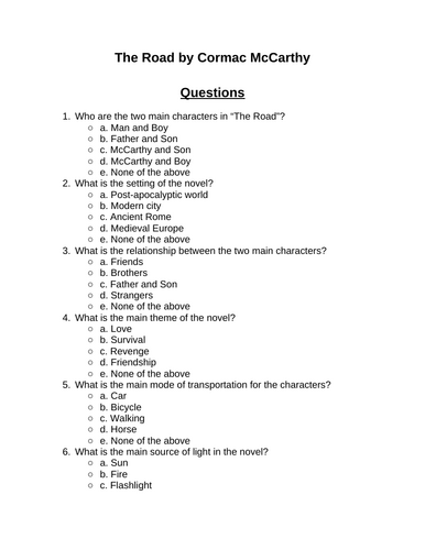 The Road. 30 multiple-choice questions (Editable) | Teaching Resources