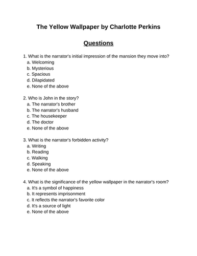 The Yellow Wallpaper. 30 multiple-choice questions (Editable ...