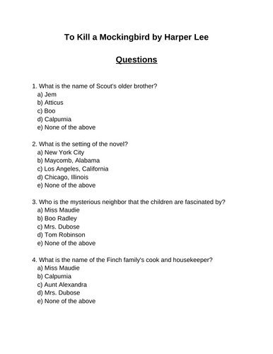 To Kill a Mockingbird. 30 multiple-choice questions (Editable ...