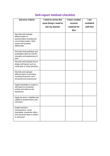 Self report checklist and keyterm glossary | Teaching Resources