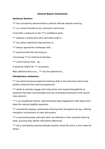 General Report Comments | Teaching Resources