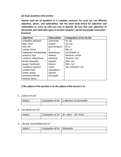 Ser basic questions mini practice | Teaching Resources