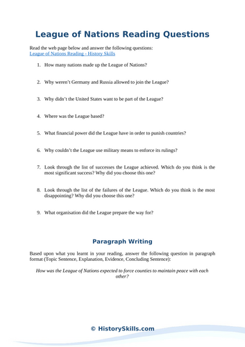 League of Nations Reading Questions Worksheet | Teaching Resources