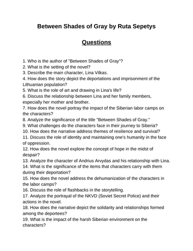 Between Shades of Gray. 40 Reading Comprehension Questions (Editable ...