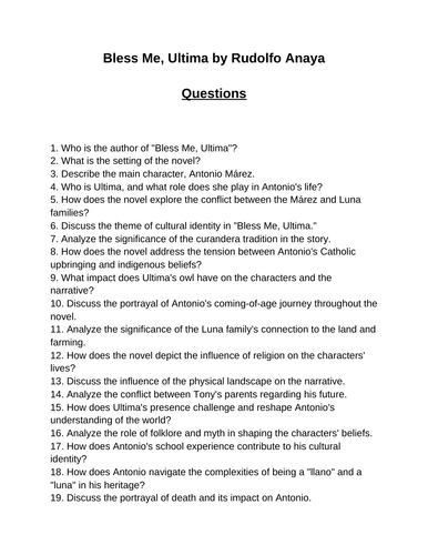 Bless Me, Ultima. 40 Reading Comprehension Questions (Editable ...