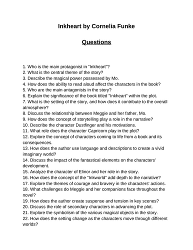 Inkheart. 40 Reading Comprehension Questions (Editable) | Teaching ...