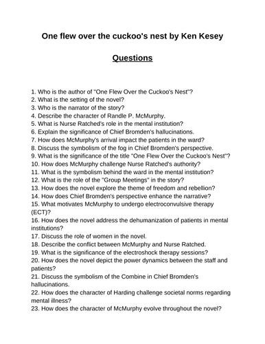 One flew over the cuckoo's nest. 40 Reading Comprehension Questions ...