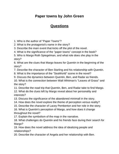 Paper towns. 40 Reading Comprehension Questions (Editable) | Teaching ...