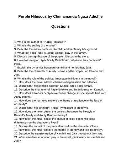 Purple Hibiscus. 40 Reading Comprehension Questions (Editable ...
