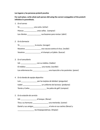 Los lugares y las personas preterit practice | Teaching Resources