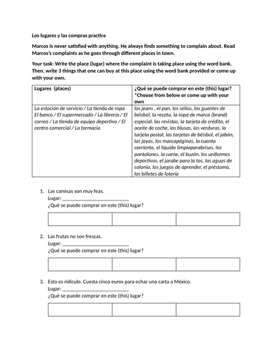 Los lugares y las compras practice | Teaching Resources