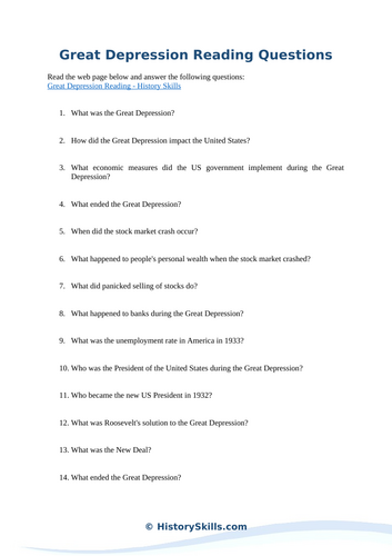 Great Depression Reading Questions Worksheet | Teaching Resources