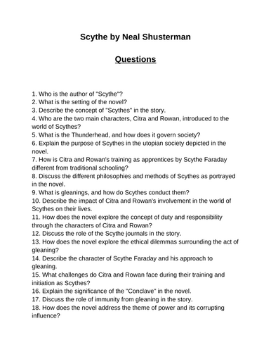 Scythe. 40 Reading Comprehension Questions (Editable) | Teaching Resources