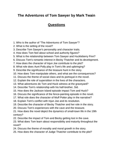 The Adventures of Tom Sawyer. 40 Reading Comprehension Questions ...