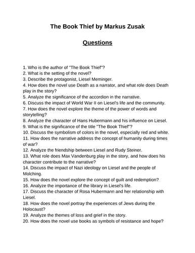 The Book Thief. 40 Reading Comprehension Questions (Editable ...