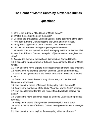 The Count of Monte Cristo. 40 Reading Comprehension Questions (Editable ...
